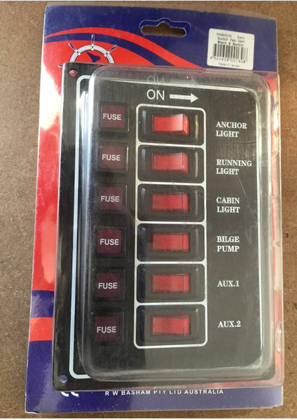 Switch Panel 12 Volt Alloy Illuminating 6 Gang Vertical With Fuses Bla